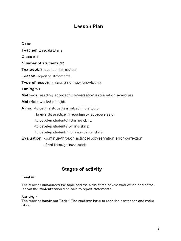 Lesson Plan Reported Speech | Download Free PDF | Lesson Plan | Linguistics