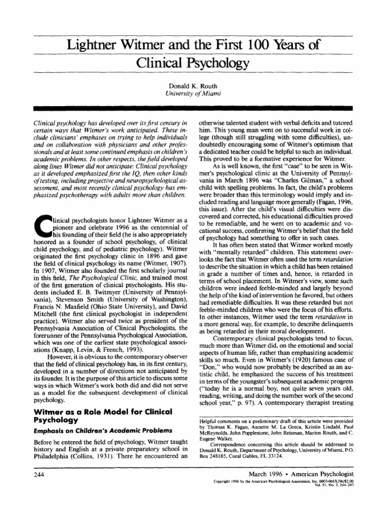 Lightner Witmer and The First 100 Years of Clinical Psychology | PDF ...