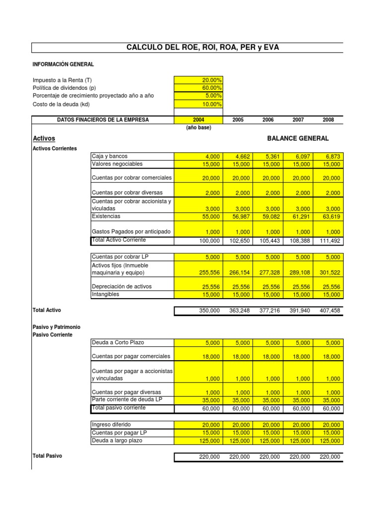 Calculo Roe Roi Roa Per Eva | Hoja de balance | Contabilidad financiera