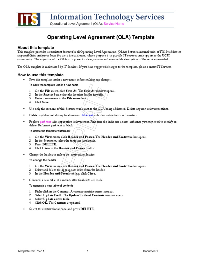 Ola Template | Service Level Agreement | Data Center