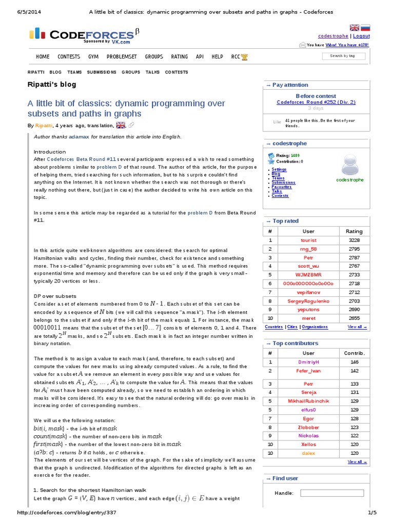 A Little Bit of Classics - Dynamic Programming Over Subsets and Paths in Graphs - Codeforces ...