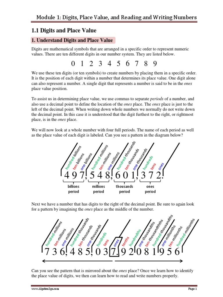 Digits and Place Value | PDF | Fraction (Mathematics) | Numbers