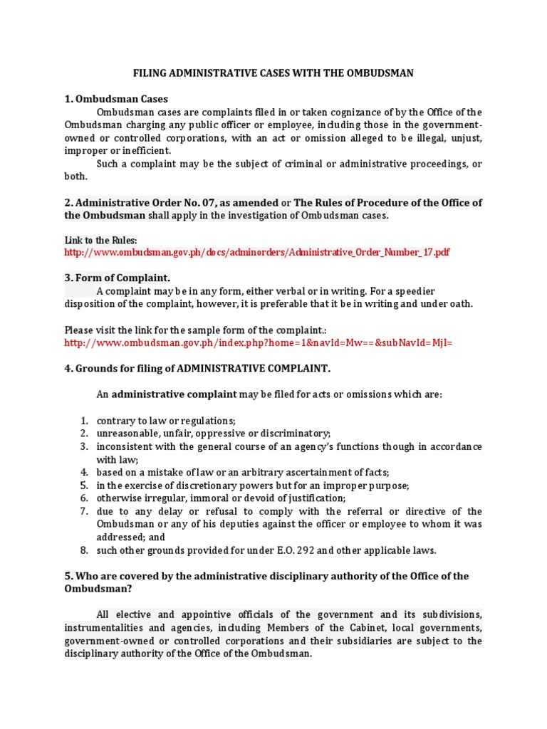 Filing Administrative Cases With the Ombudsman | Pleading | Witness