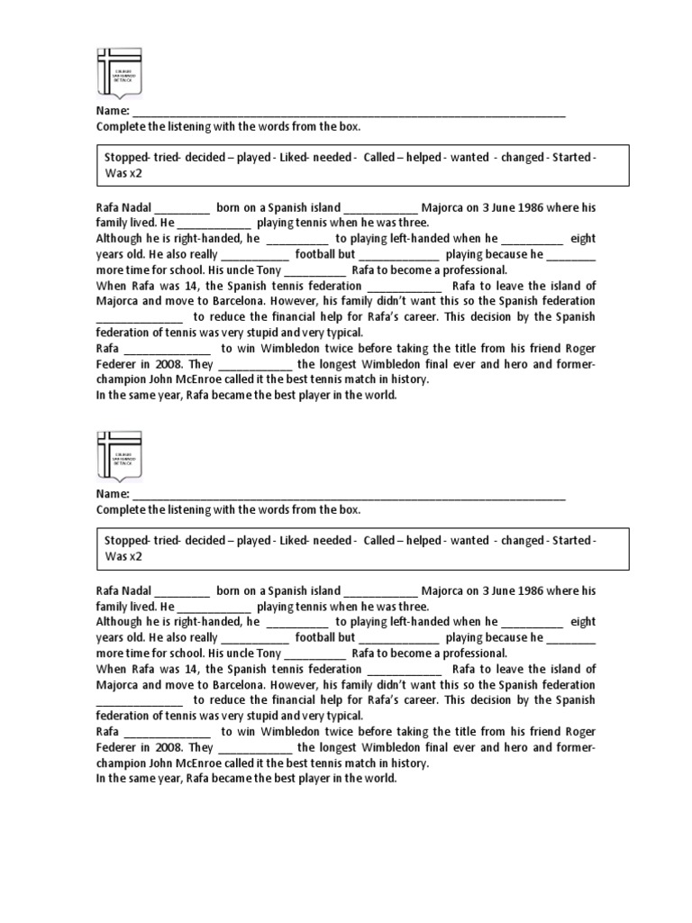 Rafa Nadal biography listening activity | PDF | Handedness | The ...