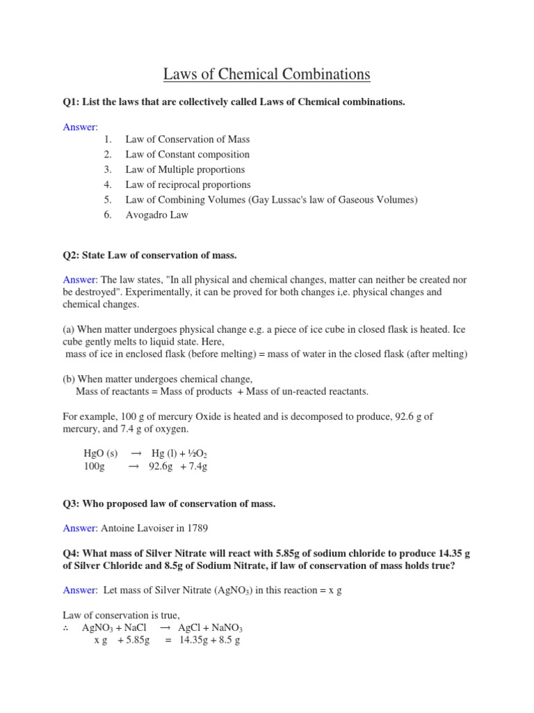 Laws of Chemical Combination Explained | PDF | Chemical Compounds | Gases