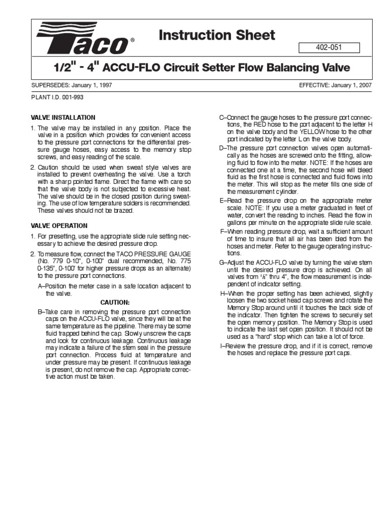 Taco Circuit Setter Chart | Valve | Chemical Engineering