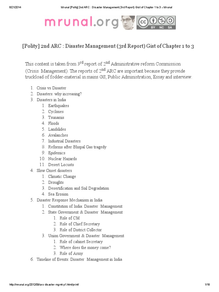 2nd ARC - Disaster Management (3rd Report) Gist of Chapter 1 To 3 ...