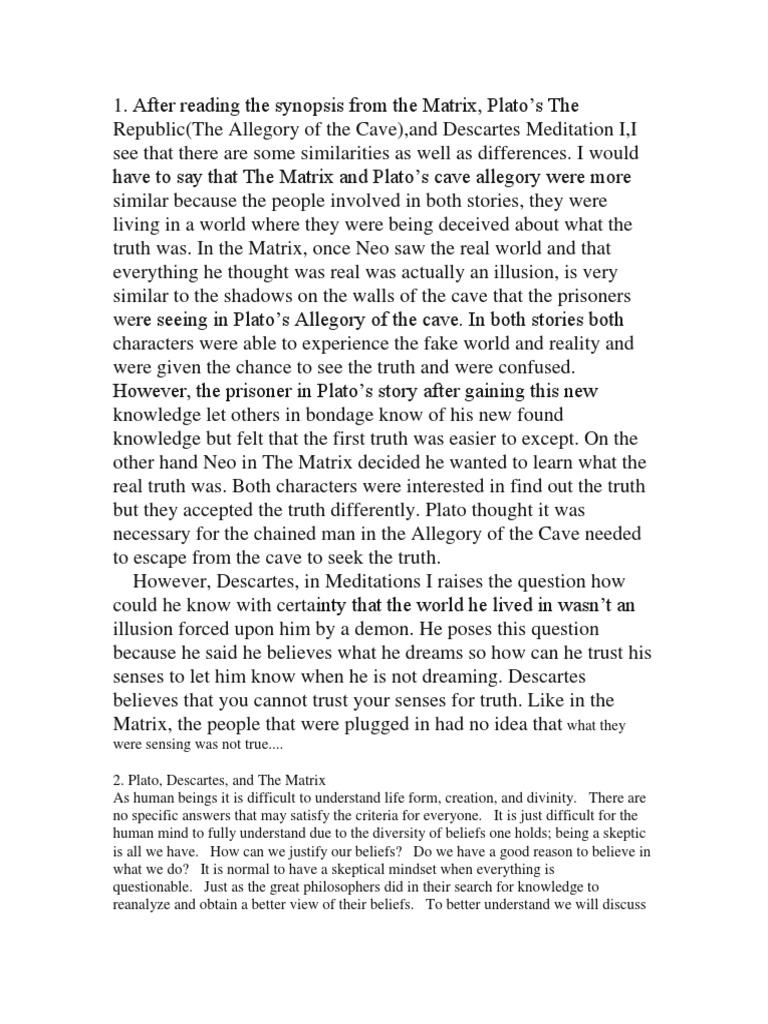 Comparing Reality in Plato, Descartes, and The Matrix | PDF ...