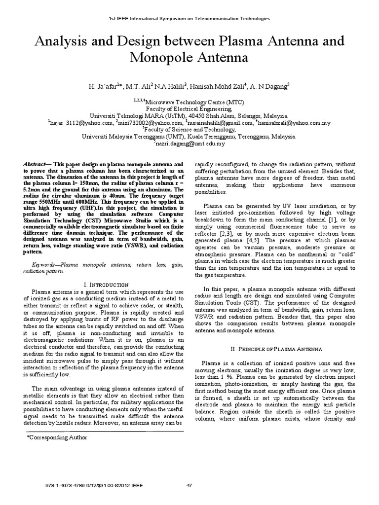 Plasma Antennas Research Paper | PDF | Antenna (Radio) | Plasma (Physics)