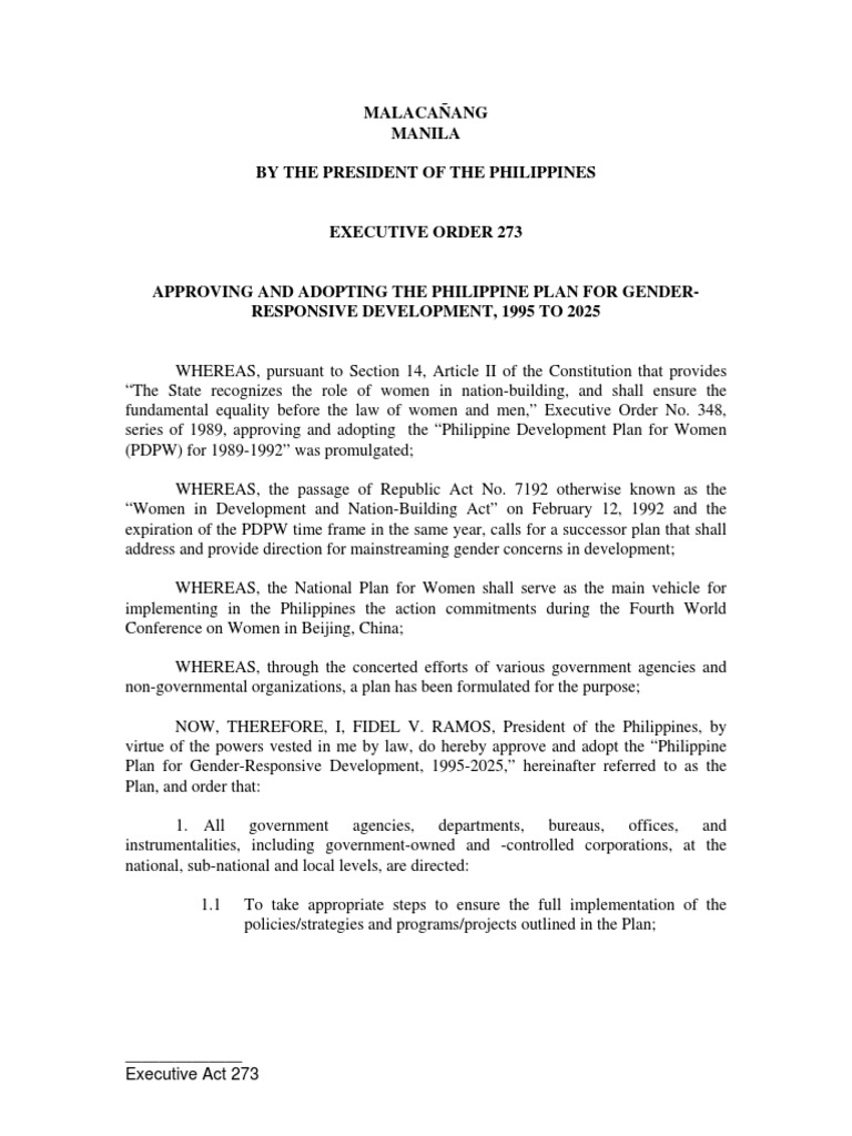 Executive Order 273 | PDF | President Of The Philippines | World Politics