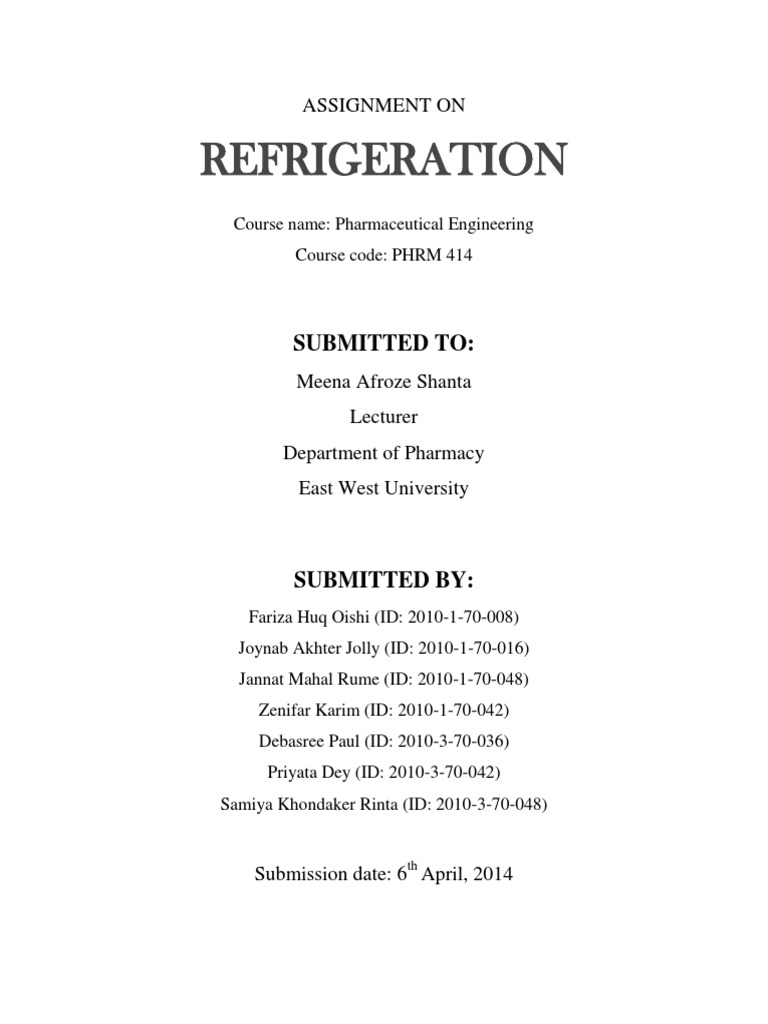 Assignment On Refrigeration | PDF | Refrigerator | Refrigeration