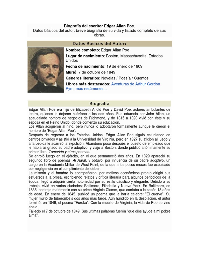 Biografía Del Escritor Edgar Allan Poe | Edgar Allan Poe | Ambrose Bierce