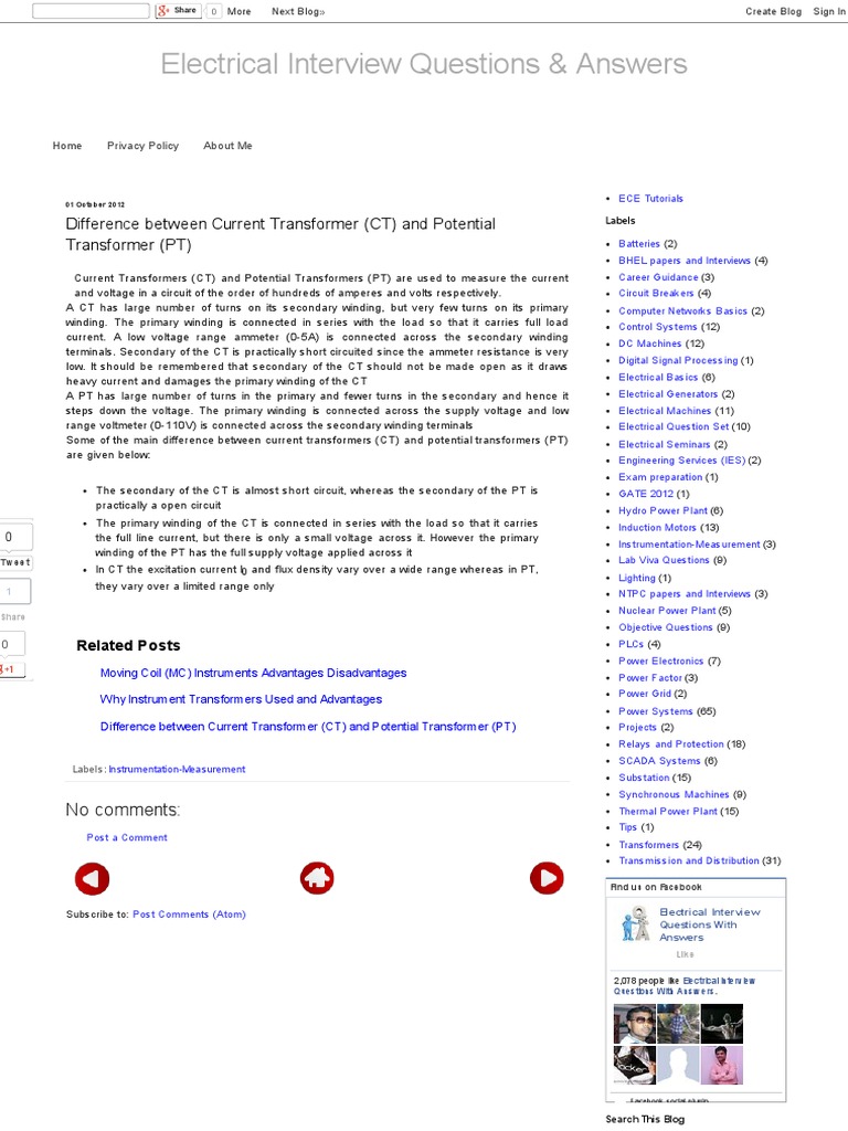 Difference Between Current Transformer (CT) and Potential Transformer (PT) - Electrical ...