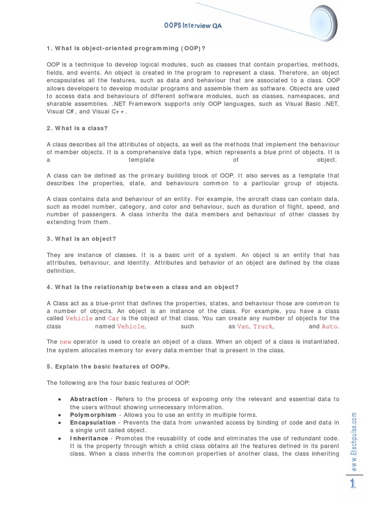 Oops Interview Qa 1 What Is Object Oriented Programming Oop Download Free Pdf Class