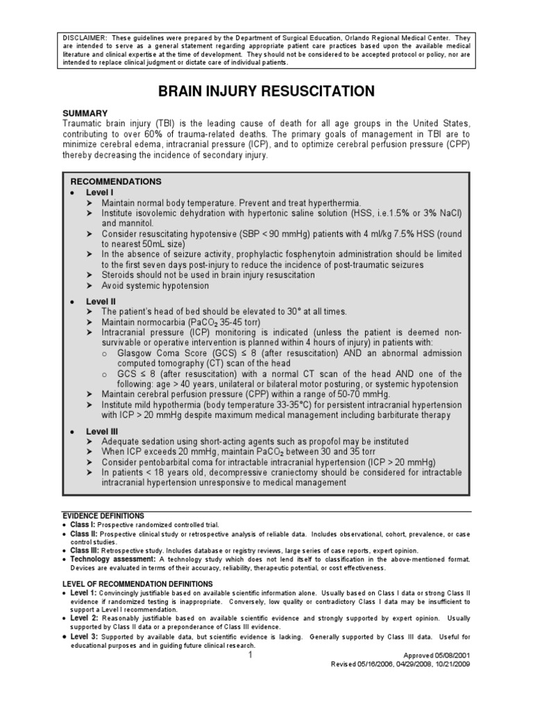 TBI Resuscitation Guidelines and Recommendations | PDF | Traumatic ...