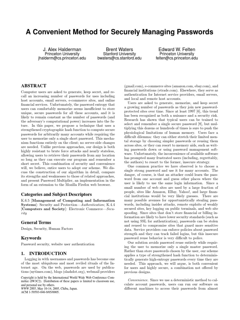 A Convenient Method For Securely Managing Passwords: J. Alex Halderman ...
