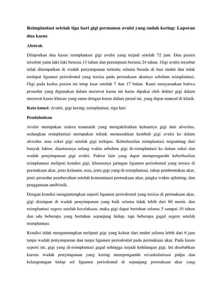 Reimplantasi Setelah 3 Hari Gigi Permanen Avulsi Yang Sudah Kering | PDF