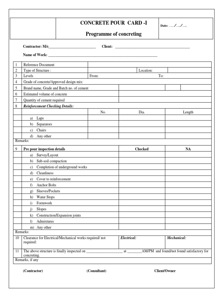 Concrete Pour Card | PDF | Concrete | Mechanical Engineering