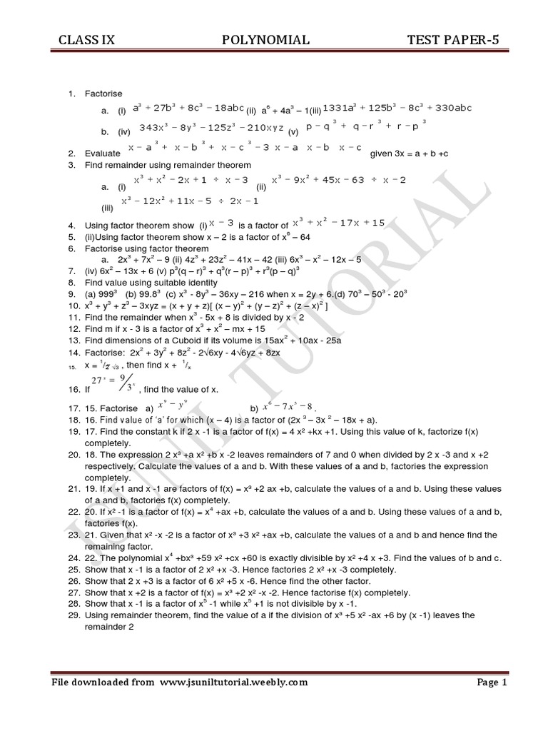 9th Polynomial Test Paper-5 | PDF | Factorization | Abstract Algebra