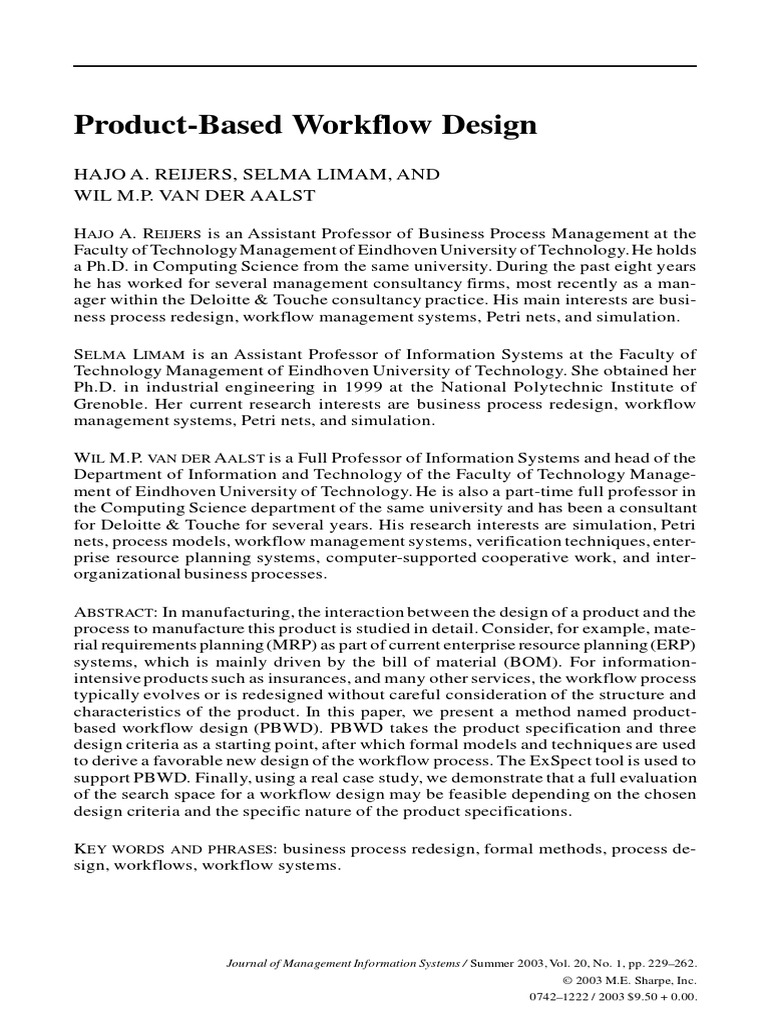 Product-Based Workflow Design: Hajo A. Reijers, Selma Limam, and Wil M ...