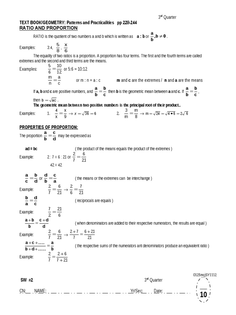 TEXT BOOK/GEOMETRY: Patterns and Practicalities PP 228-244 Ratio and ...