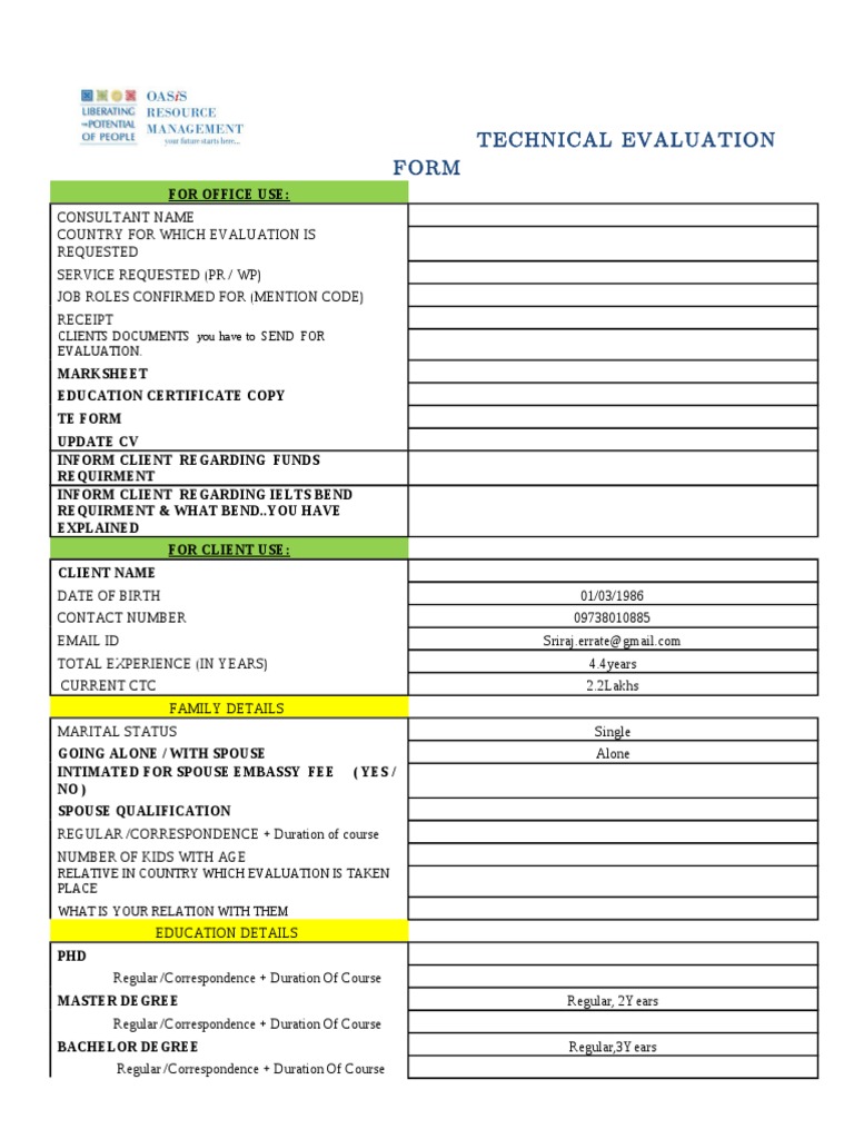 Technical Evaluation Form for Clients | PDF