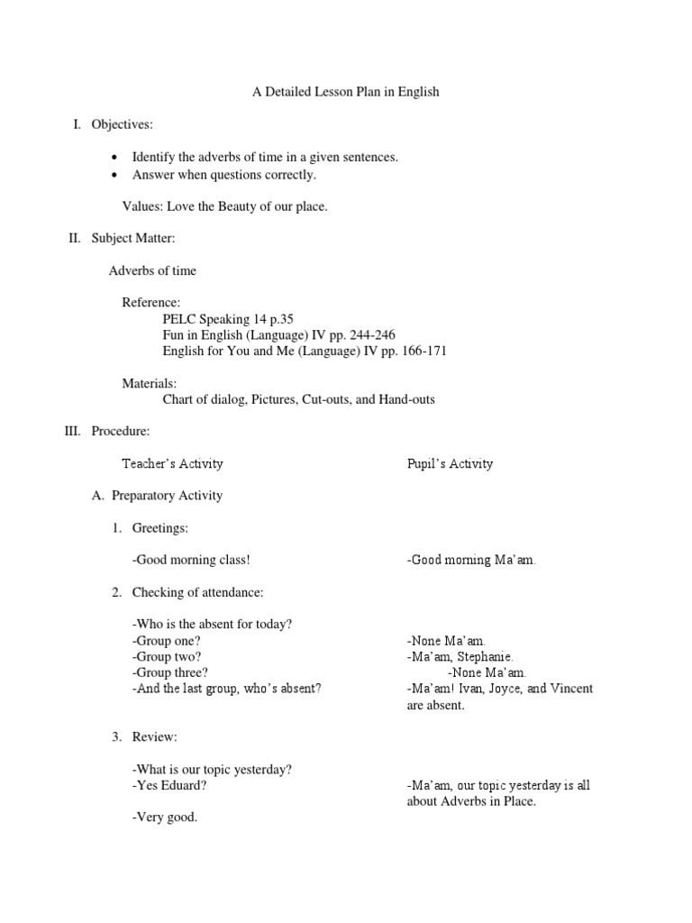 Detailed Lesson Plan: Adverbs of Time | PDF | English Language | Lesson ...