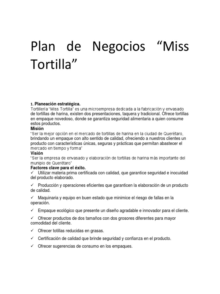 Plan de Negocios para la Microempresa Tortillería 'Miss Tortilla' en Querétaro | PDF | Trigo ...