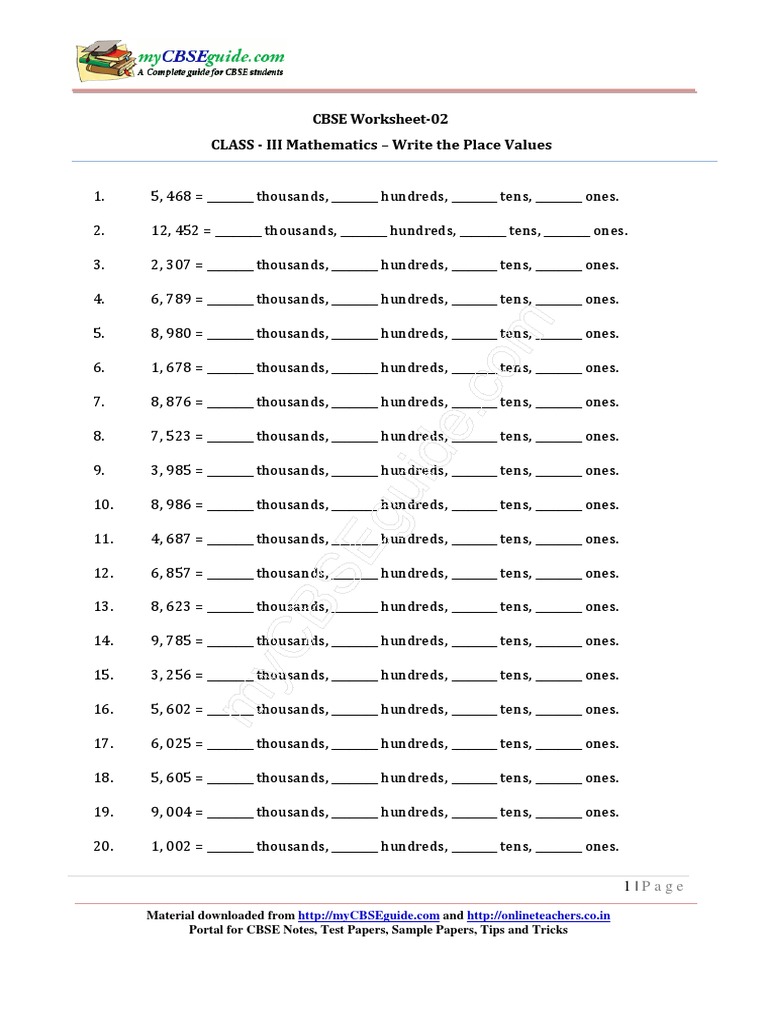 Class 3 Maths Place Value Worksheet | PDF | Tests | Evaluation