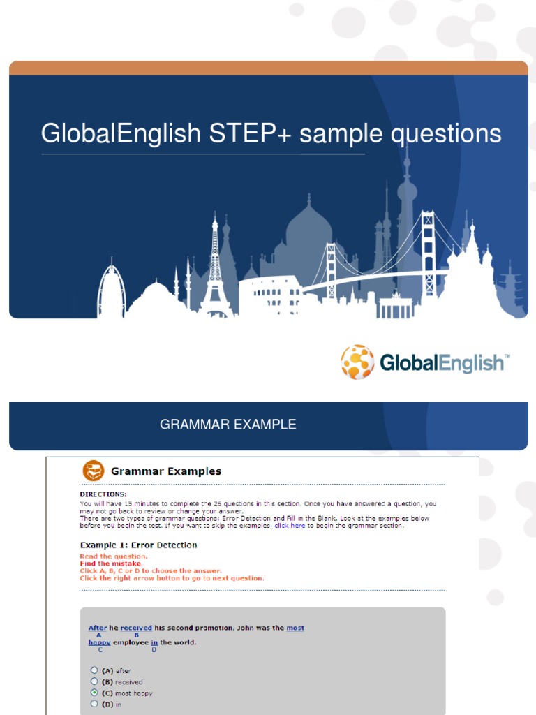 GlobalEnglish STEP+ sample exam guide | PDF | Reading Comprehension