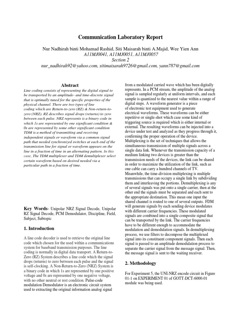 Line Coding and TDM Techniques Report | PDF | Modulation | Detector (Radio)