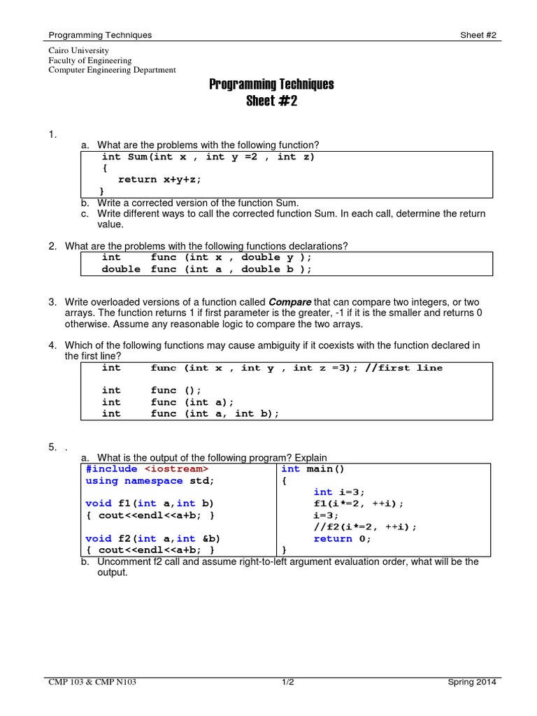 Programming Techniques Sheet 2 Cairo University Faculty Of Engineering Computer Engineering