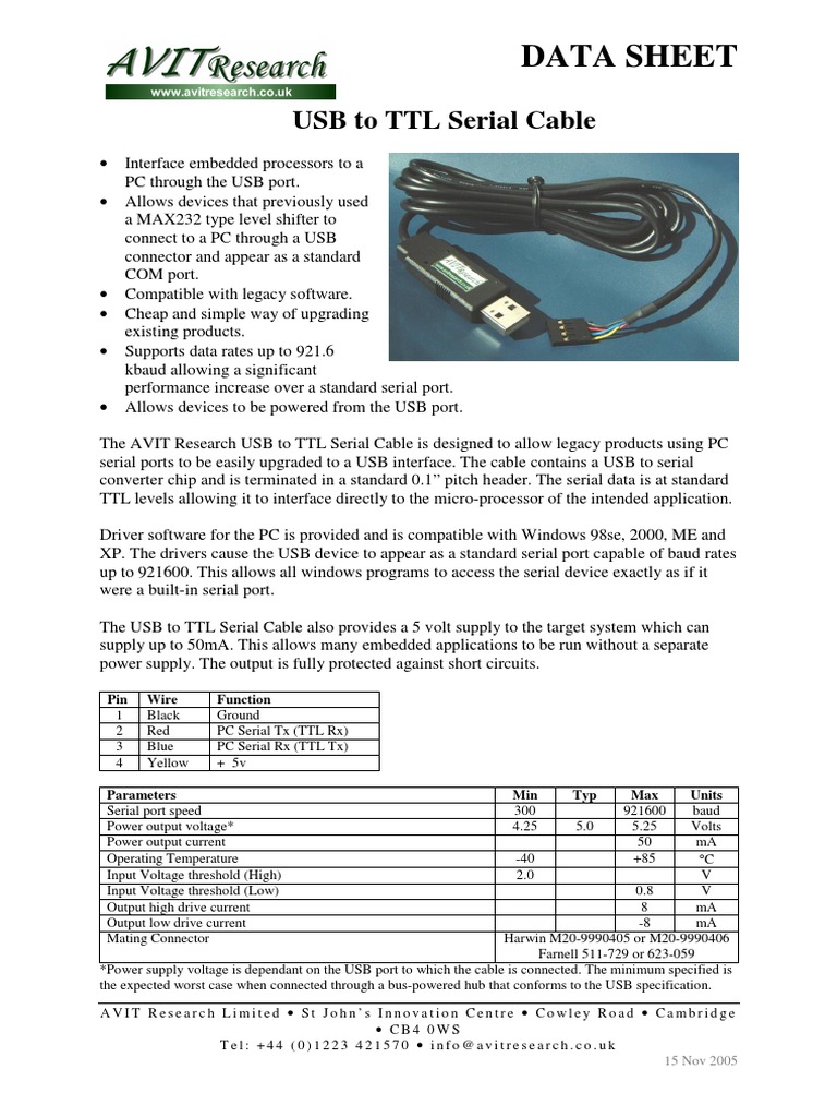 Data Sheet: USB To TTL Serial Cable | PDF | Usb | Input/Output