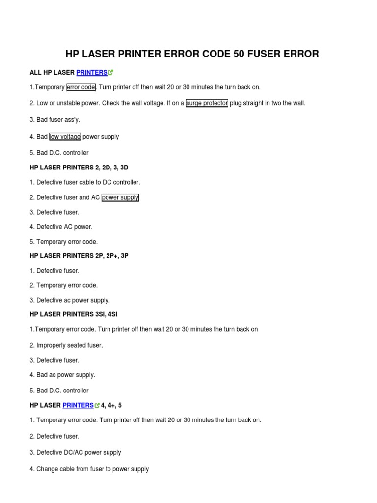 HP Laser Printer Error Code 50 | PDF | Power Supply | Direct Current