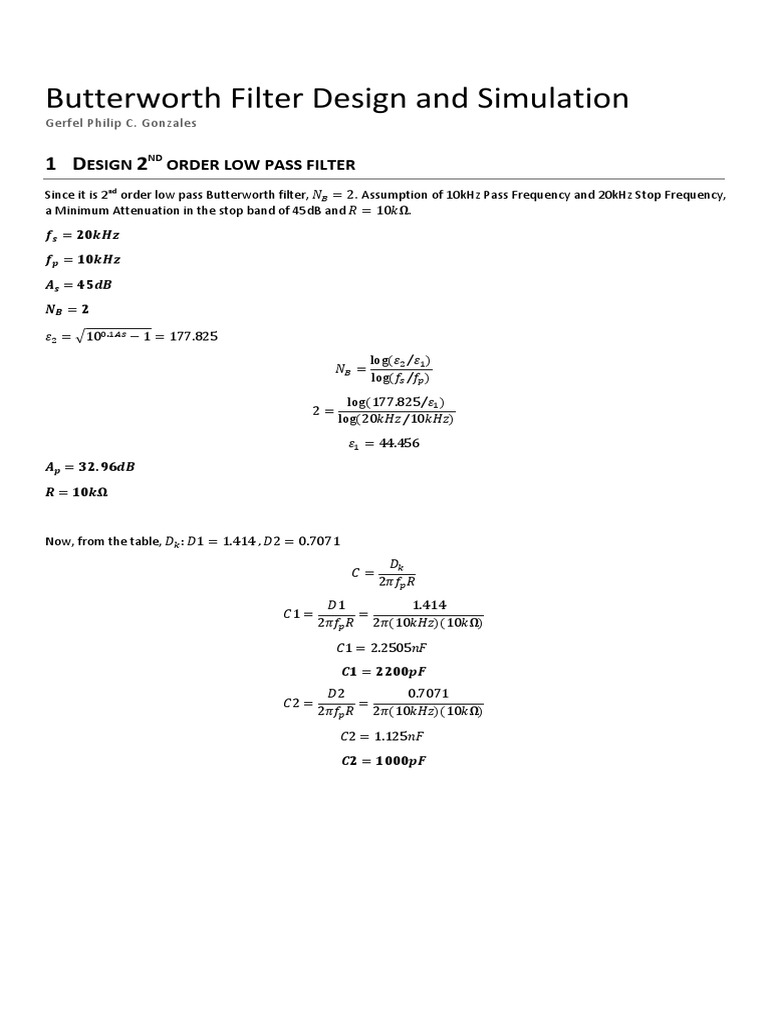 Butterworth Filter Design and Simulation: Esign Order Low Pass Filter | PDF