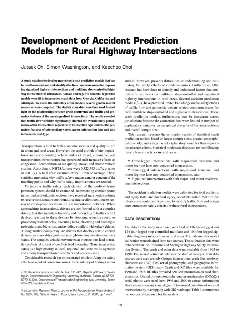 Development Of Accident Prediction Models For Rural Highway Intersections Oh Pdf Traffic