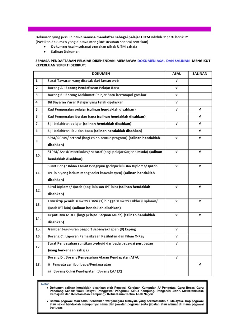 Senarai Semakan Dokumen Yang Perlu Dibawa Semasa Hari Pendaftaran PDF | PDF