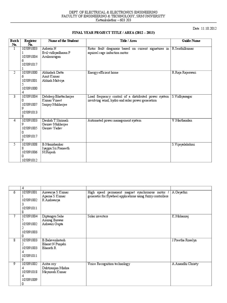 SRM University EEE Dept. Final Year Project Titles & Areas 2012-2013 ...