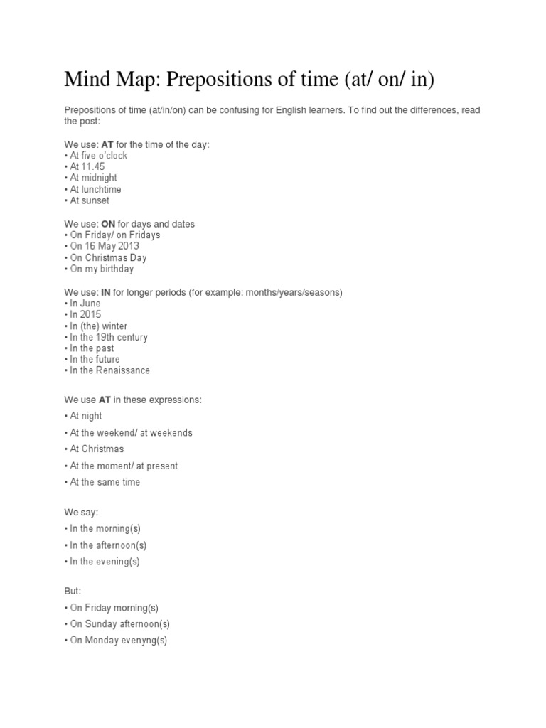 Mind Map: Prepositions of time (at/ on/ in) | Perfect (Grammar) | Verb