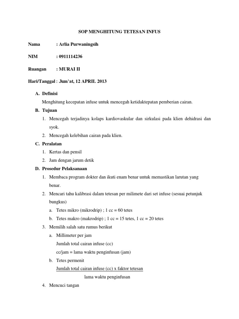 SOP Menghitung Tetsan Infus INFUS | PDF | Pengembangan Diri | Kesehatan ...