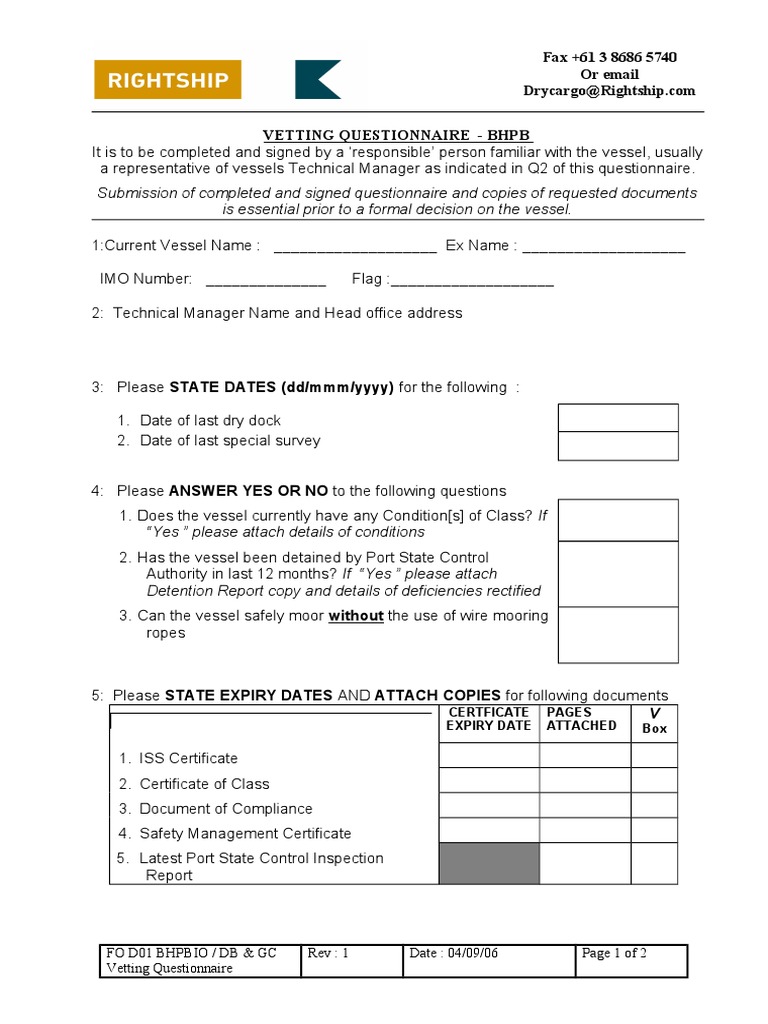 Rightship Questionnaire | PDF