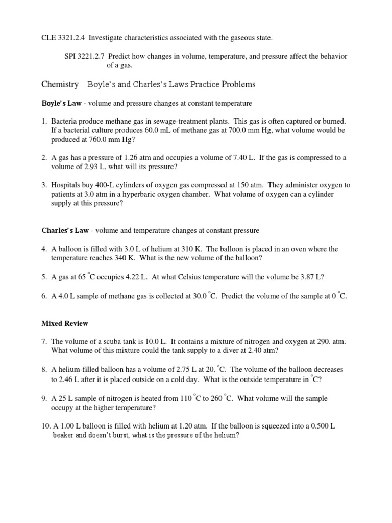 Chemistry Boyle's and Charles's Laws Practice Problems | PDF | Balloon ...