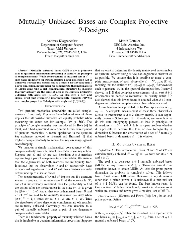 Mutually Unbiased Bases Are Complex Projective 2designs Klappenecker ...