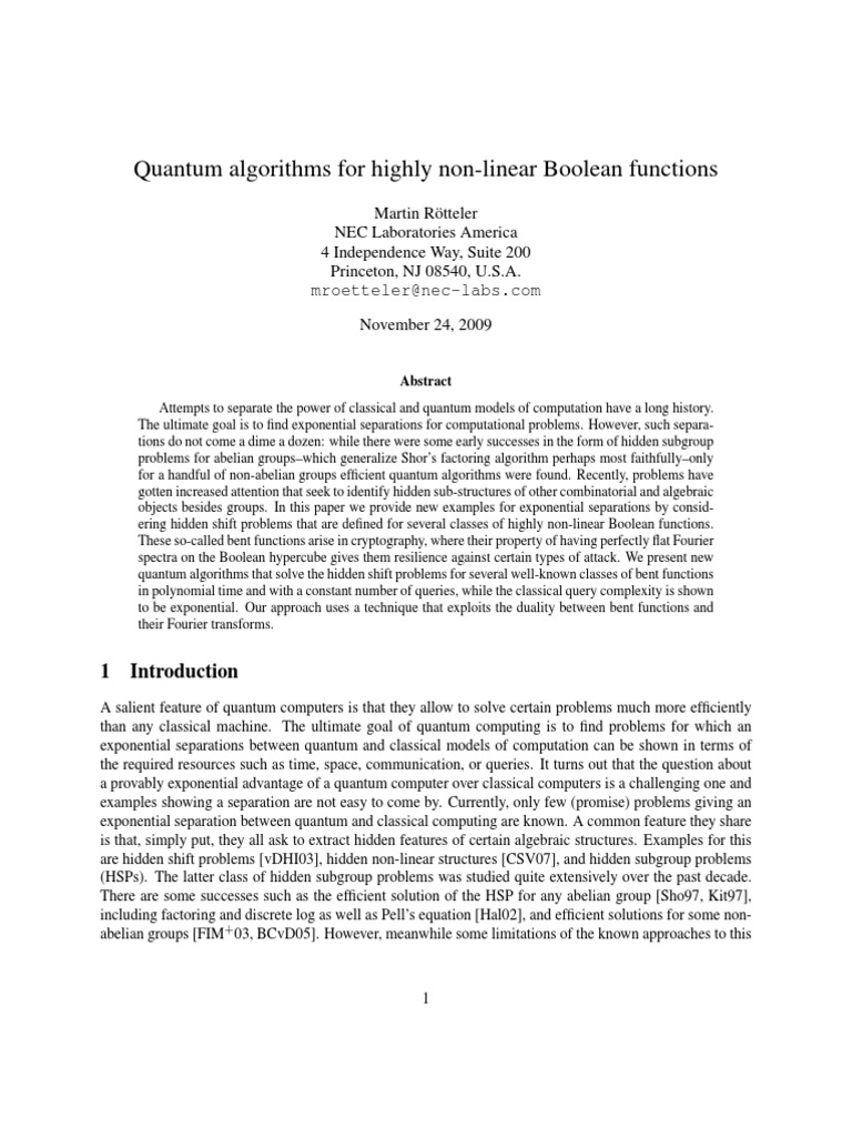 Quantum Algorithms Highly Nonlinear Boolean Functions Roetteler 2009 Pdf Quantum Computing 0741