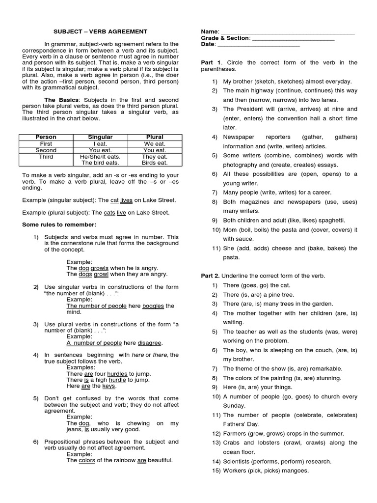 SVA Activity Sheet | Grammatical Number | Subject (Grammar)