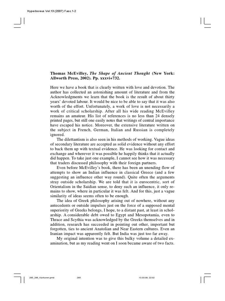 Thomas Mcevilley, The Shape of Ancient Thought (New York: Allworth ...