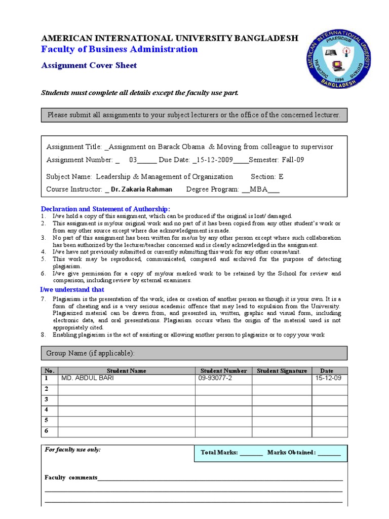AIUB Assignment Cover Sheet Template | PDF | Academia | Intellectual Works