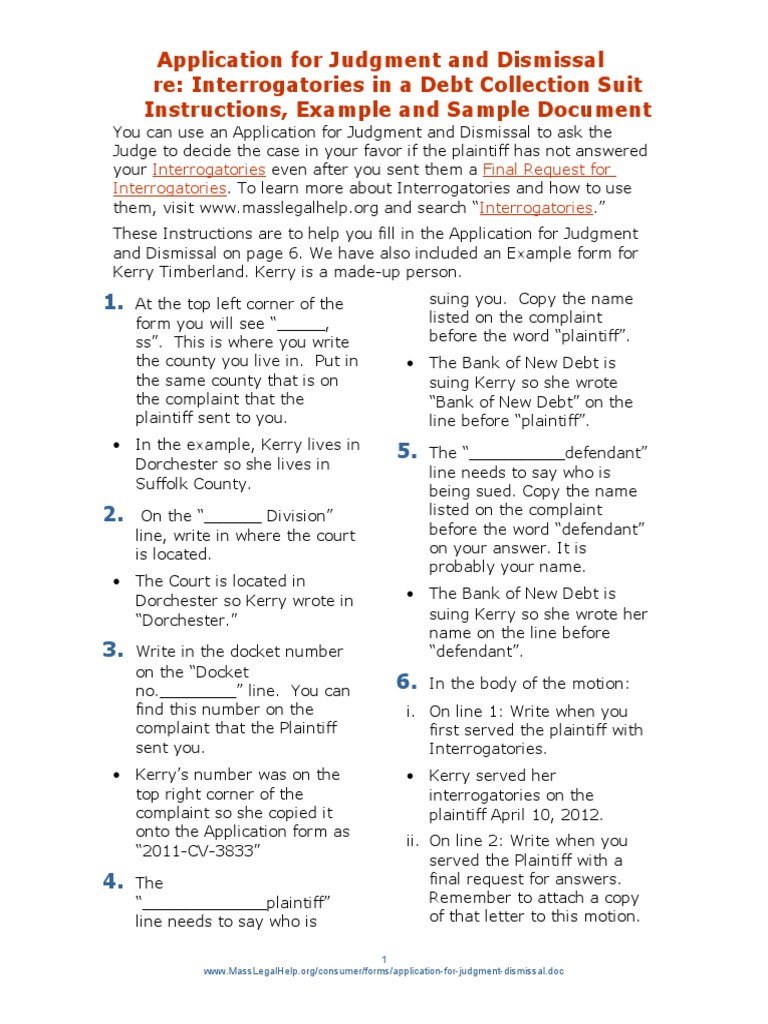 Application For Judgment and Dismissal Re: Interrogatories in A Debt ...