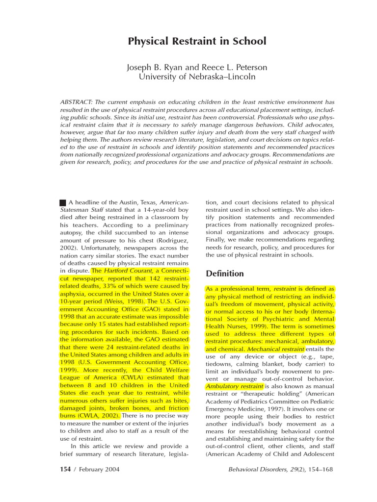 Physical Restraint in School | PDF | Psychiatry | Fourteenth Amendment ...