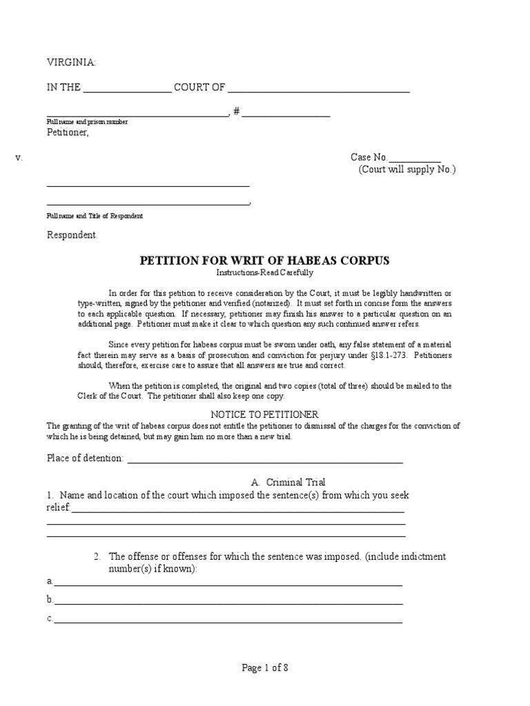 Habeas Corpus Form -Virginia | Appeal | Plea